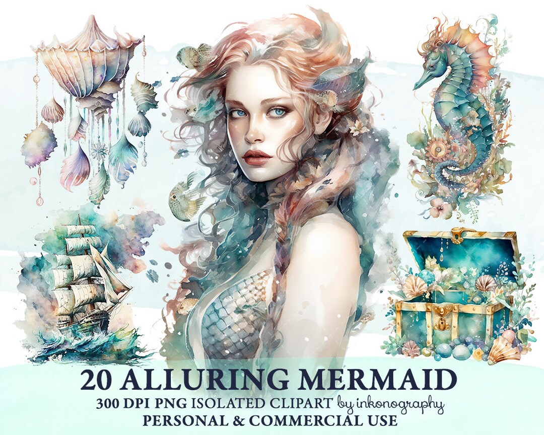 Beautiful Mermaid Clipart Bundle, Watercolor Mermaid Fantasy Clip Art ...