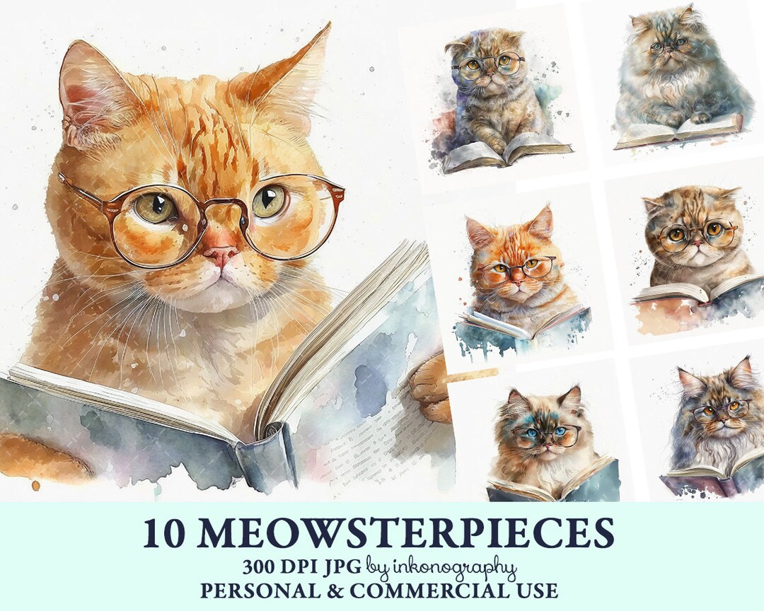 Cats With Glasses Clipart Bundle, Watercolor Cats, Funny Animals, Geeky ...