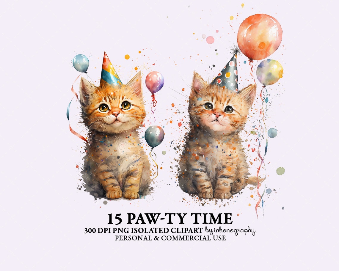 Watercolor Cat Clipart Bundle Birthday Cat PNG Cute Kitten - Etsy