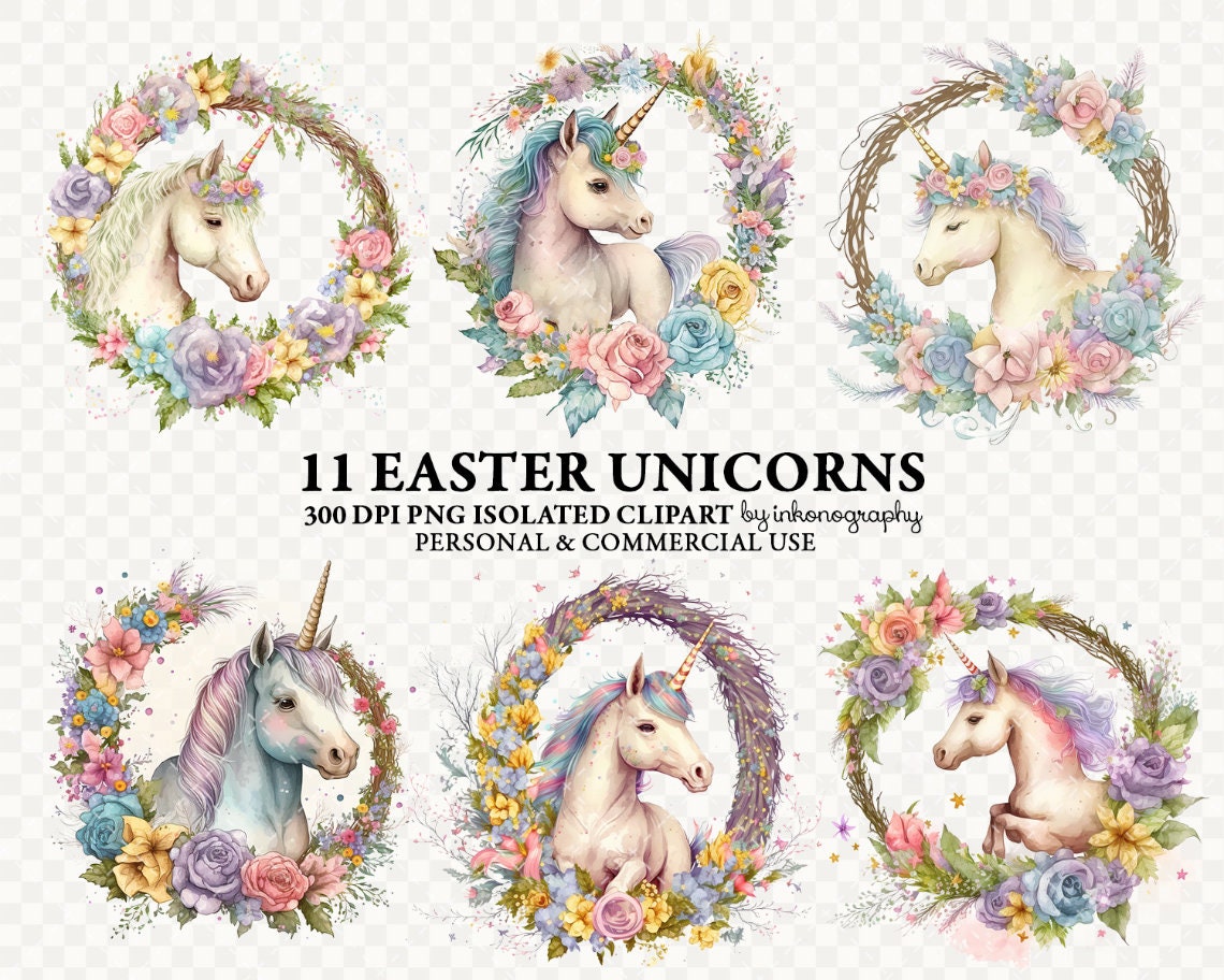 Watercolor Unicorn Clipart Bundle, Png, Pastel Easter Basket, Unique ...
