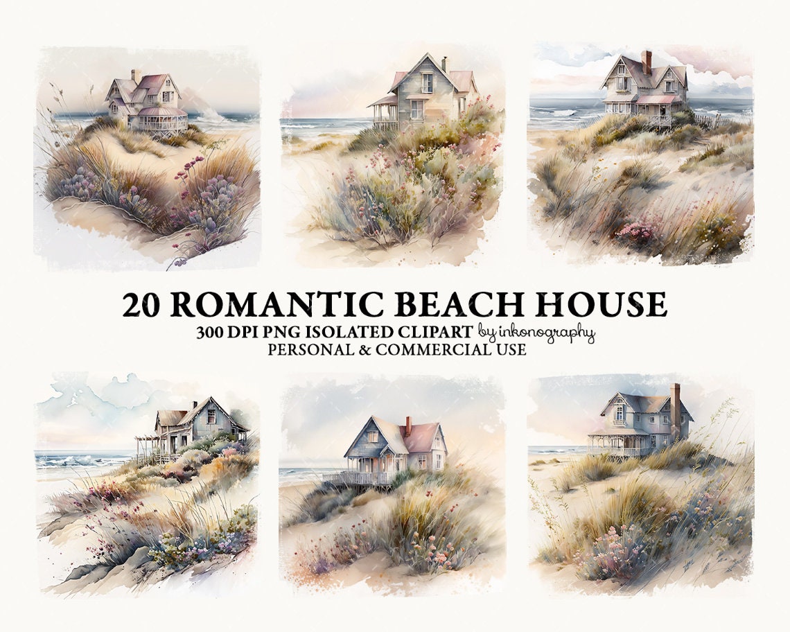 Watercolor Beach House Clipart Bundle Ocean Seascape Cottage PNG ...