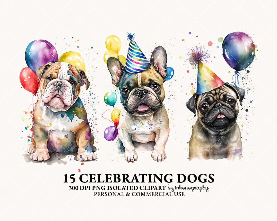 Watercolor Birthday Dog Clipart Bundle PNG Breeds English - Etsy UK