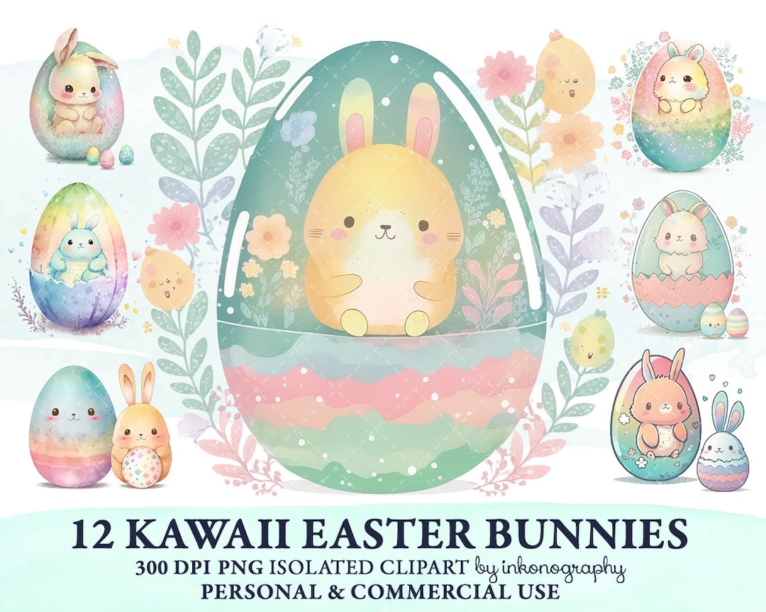 Kawaii Easter Bunny Watercolor Clipart Bundle, Png, Pastel Easter Eggs ...