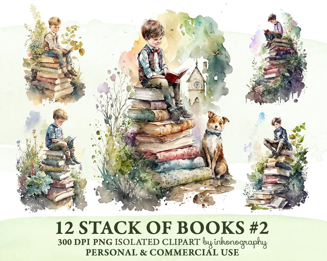 Watercolor Boy Sitting on Stacked Books Clipart Bundle, Png, Kids ...