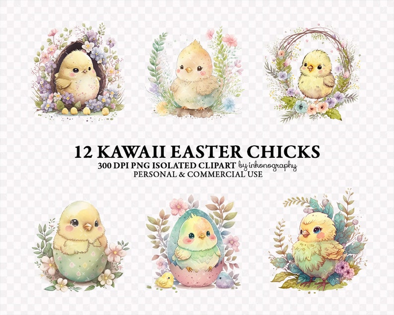 Watercolor Easter Chicks Clipart Bundle, Png Bundle, Kawaii Clipart ...