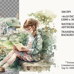 Girl Reading Watercolor Clipart Bundle, Png, Student Girl Clipart, Girl ...