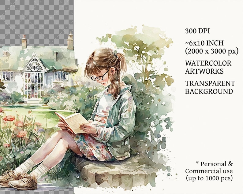 Girl Reading Watercolor Clipart Bundle Png Student Girl - Etsy