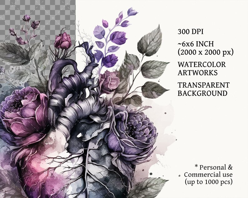 Purple Watercolor Floral Heart Clipart Bundle Heart Png - Etsy