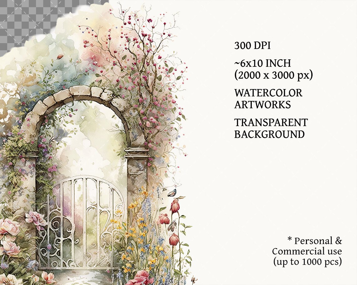 Watercolor Secret Garden Clipart Bundle, Spring Garden Entrance Png ...