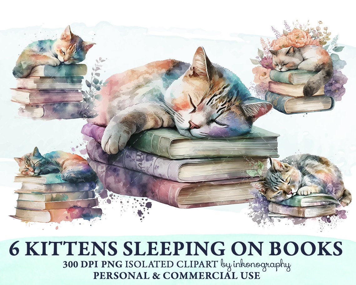 Cute Watercolor Kittens Sleeping on Stack of Books Clipart - Etsy