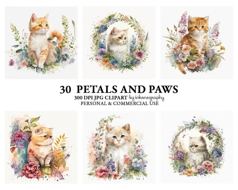 Watercolor Floral Cats Clipart Bundle, Watercolor Clipart, Digital ...