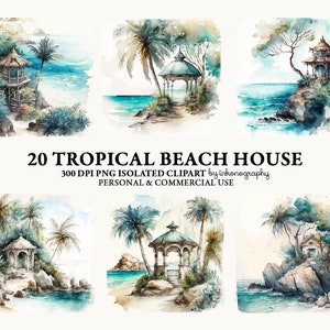 Tropical Beach House Clipart Bundle, Watercolor Ocean Clipart, Tropical ...