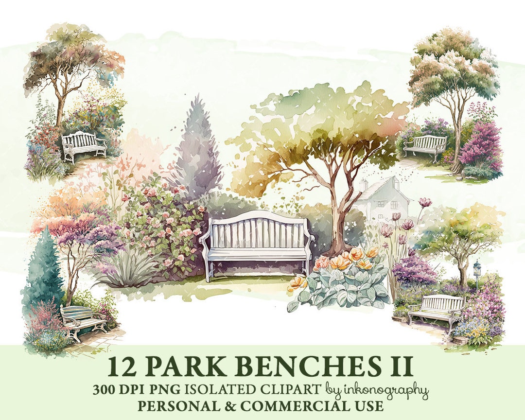 Park Benches Clipart Set, Watercolor Clipart, Romantic Clipart, Spring ...