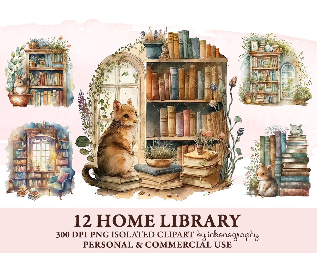 Cozy Home Library Watercolor Clipart Bundle, Png, Magic Library, Kawaii ...
