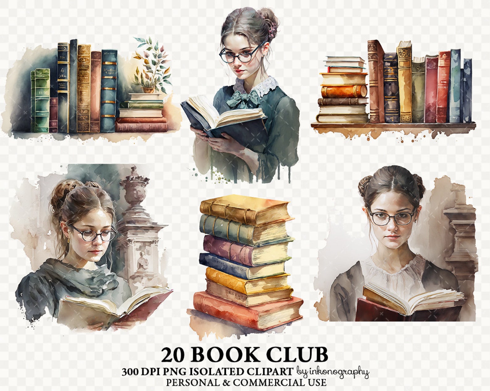 Watercolor Bookworm Clipart Bundle, Book Club Reading Png, Home Library ...