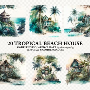 Tropical Beach House Clipart Bundle, Watercolor Ocean Clipart, Tropical ...