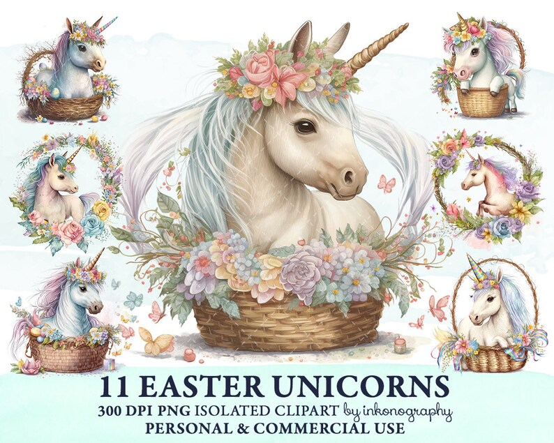 Watercolor Unicorn Clipart Bundle, Png, Pastel Easter Basket, Unique ...