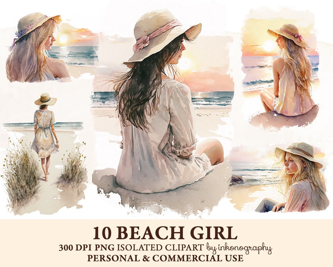 Watercolor Beach Girl Clipart Bundle, Boho Fashion Girl Png Summer ...