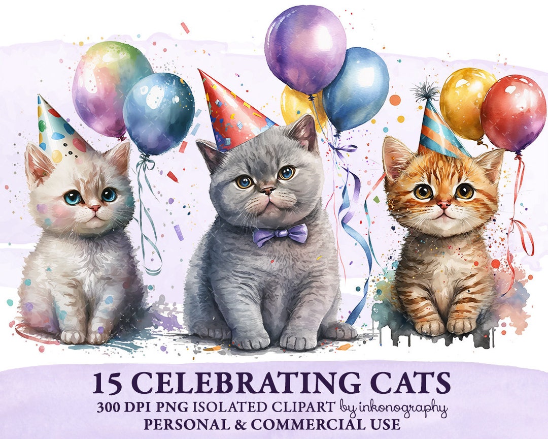 Birthday Cats Clipart Bundle Cute Watercolor Kittens PNG Funny Cats ...