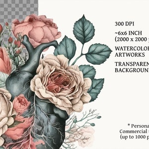 Watercolor Floral Heart Clipart Bundle, Anatomy Heart Png, Gothic Decor ...