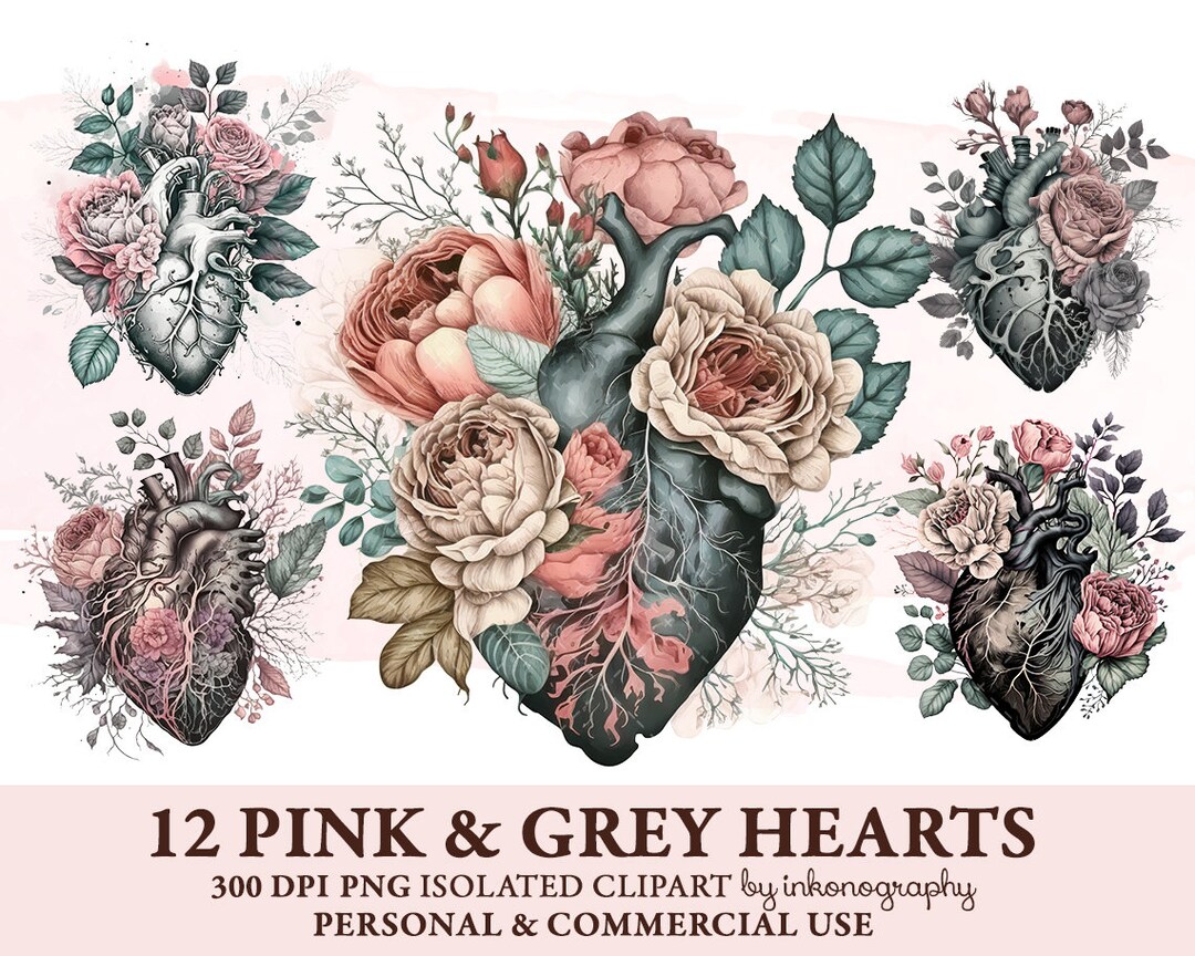 Watercolor Floral Heart Clipart Bundle, Anatomy Heart Png, Gothic Decor ...