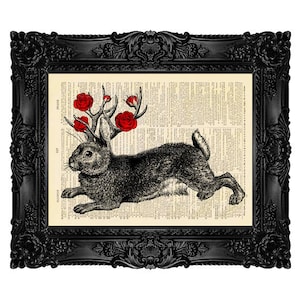 JACKALOPE Print Jackalope Art Print Rabbit Rose Antlers | Etsy
