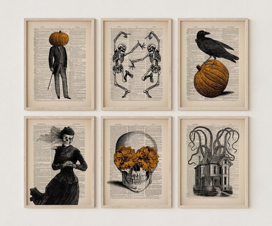 Set of 6 Vintage Halloween Prints, Halloween Decor, Skeleton Wall Art ...