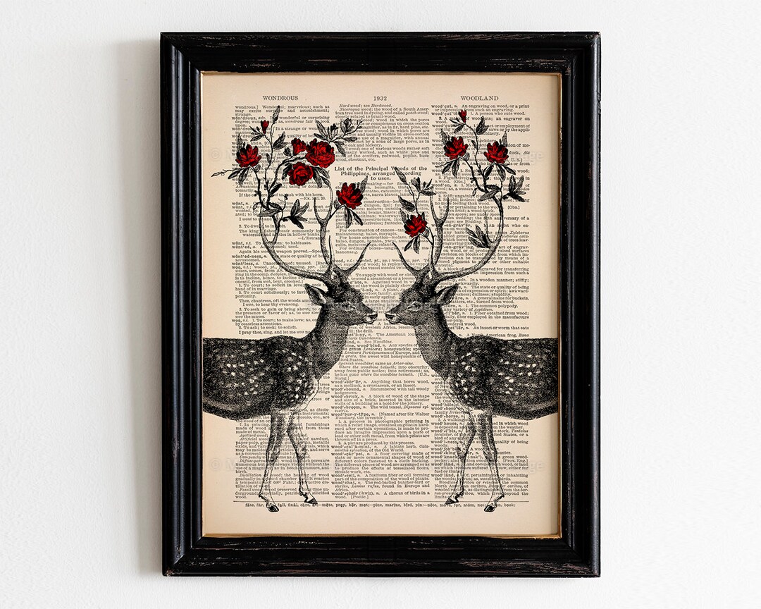 Floral Deer Couple Art Print, Antique Animal Print, Moody Wall Art ...