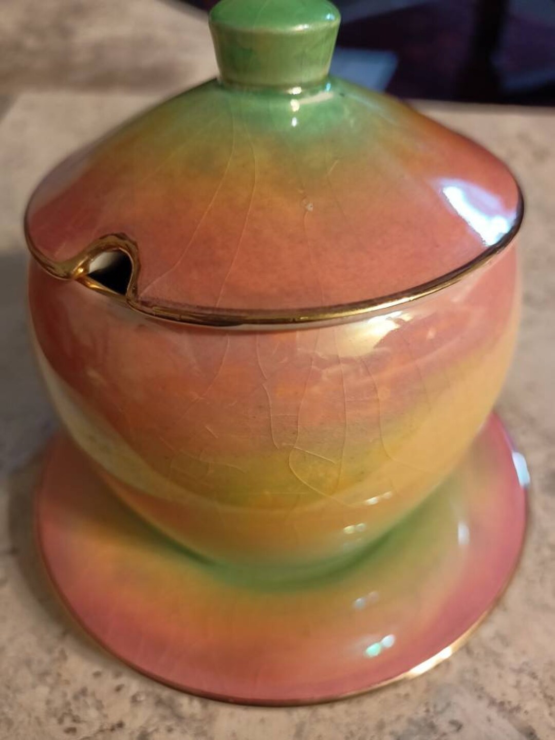Royal Winton lustre Ware Preserve Pot With Saucer Iridescent Green and ...