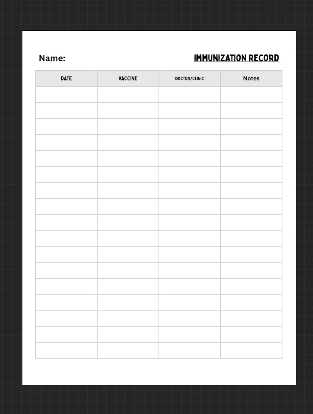 Printable Immunization Record Template Shot Vaccine Record Log Sheet - Etsy