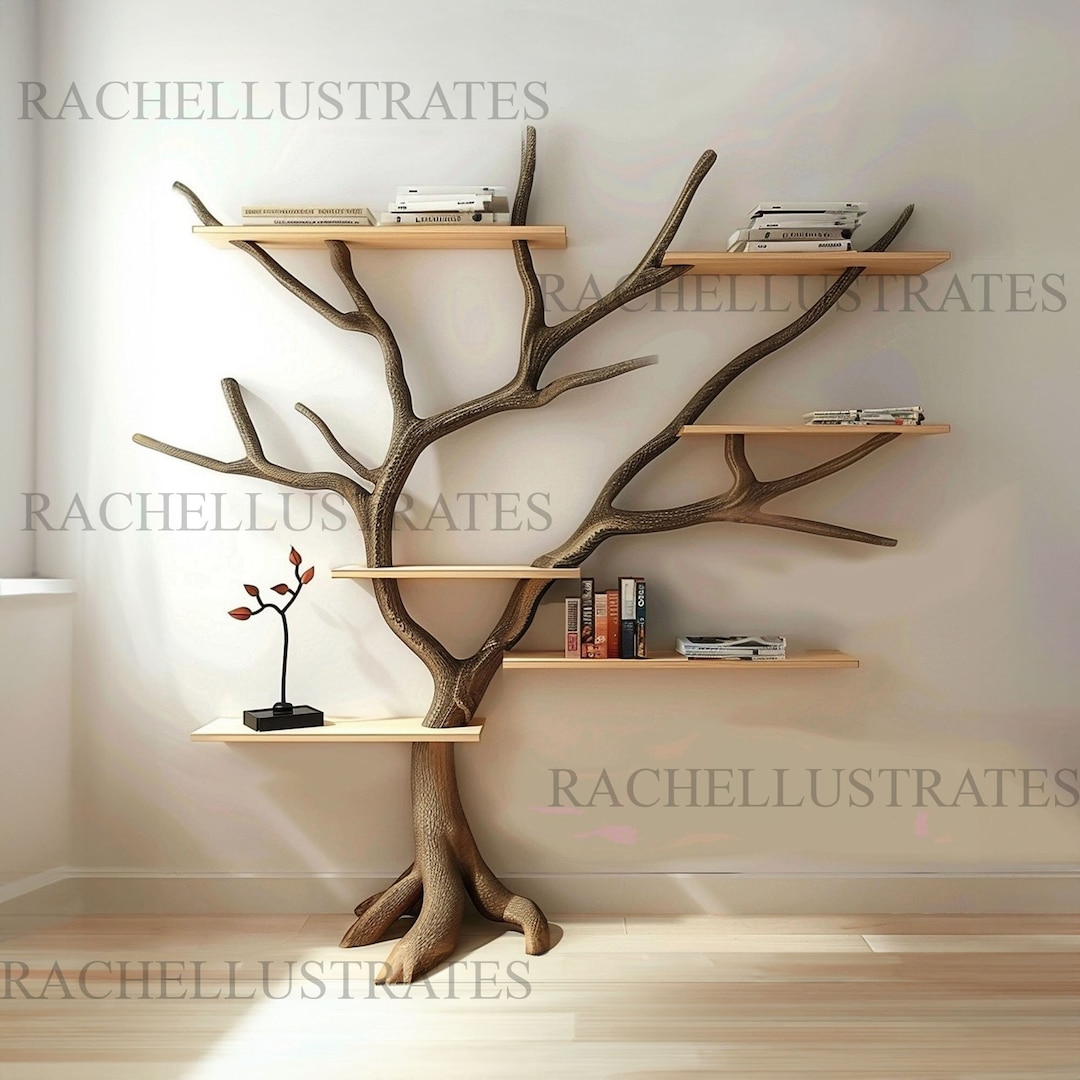 Tree Floor Bookcase Decor Solid Wood Floating Wall Mount Bookshelf Art ...