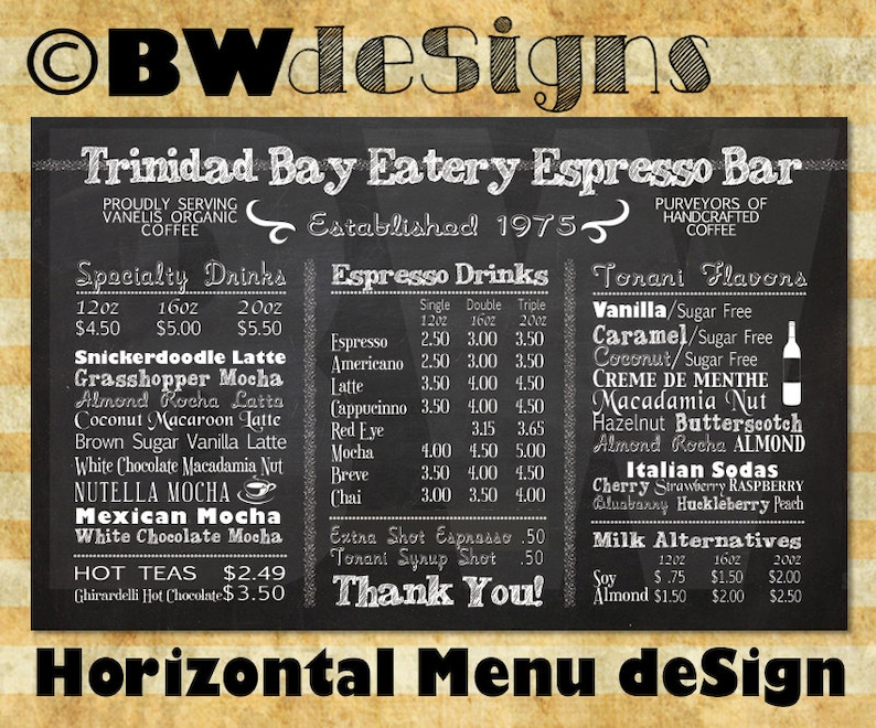 Custom HORIZONTAL MENU Board- Coffee Shop Sign- Restaurant Menu- Food ...