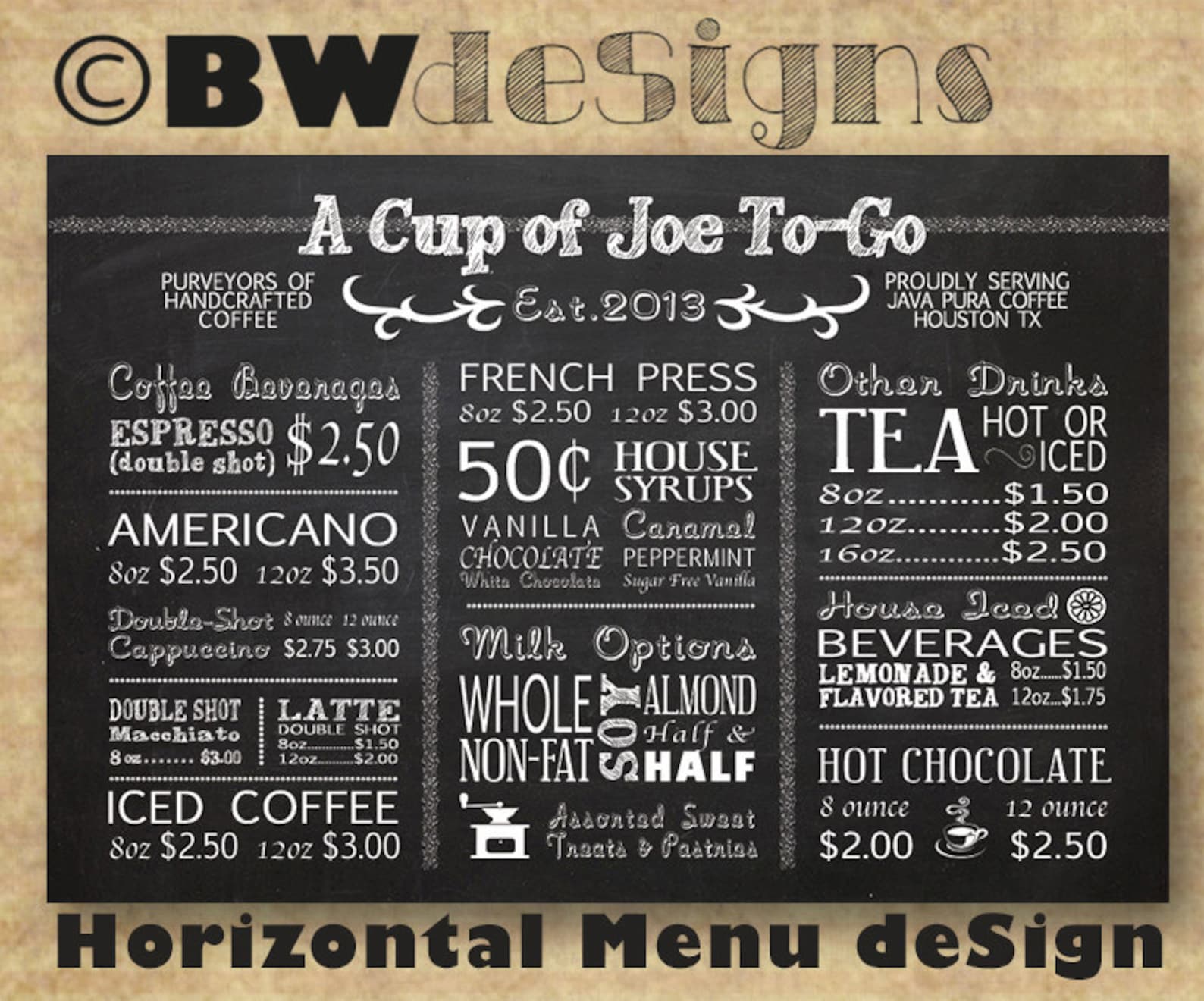 Custom HORIZONTAL MENU Board- Coffee Shop Sign- Restaurant Menu- Food ...