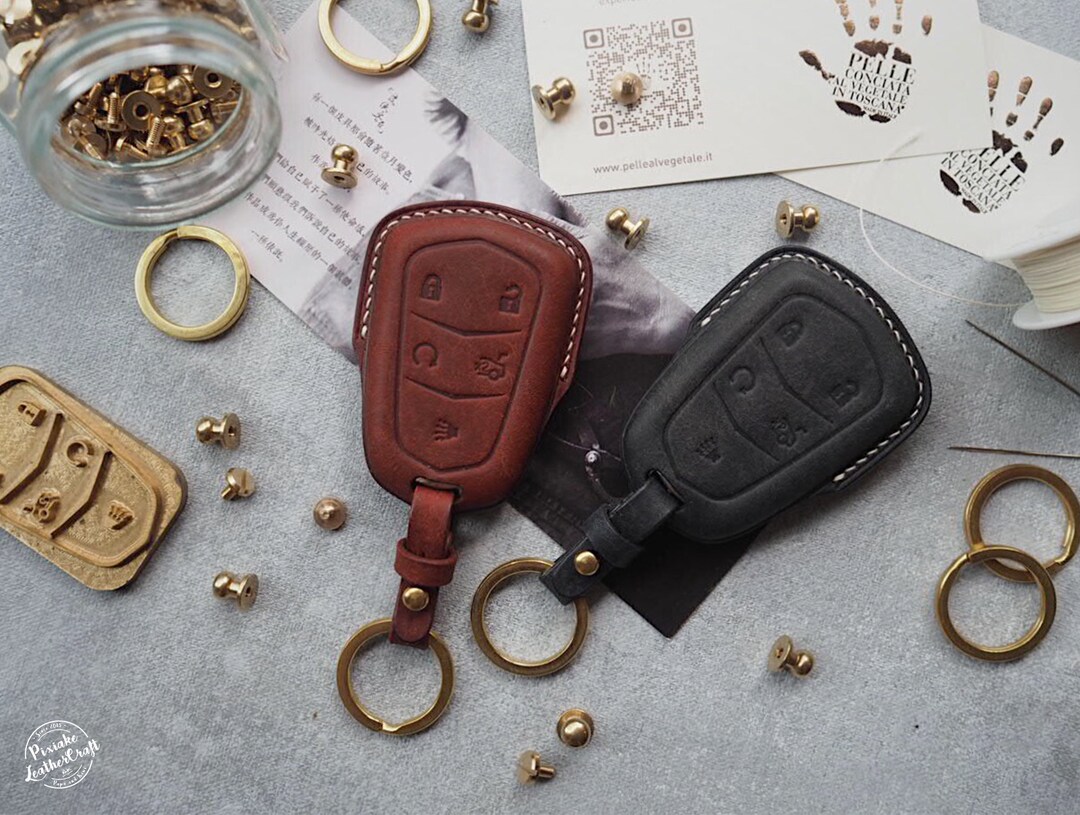 Handmade Leather Cadillac Car Key Case.leather Car Key Fob Cover,remote ...