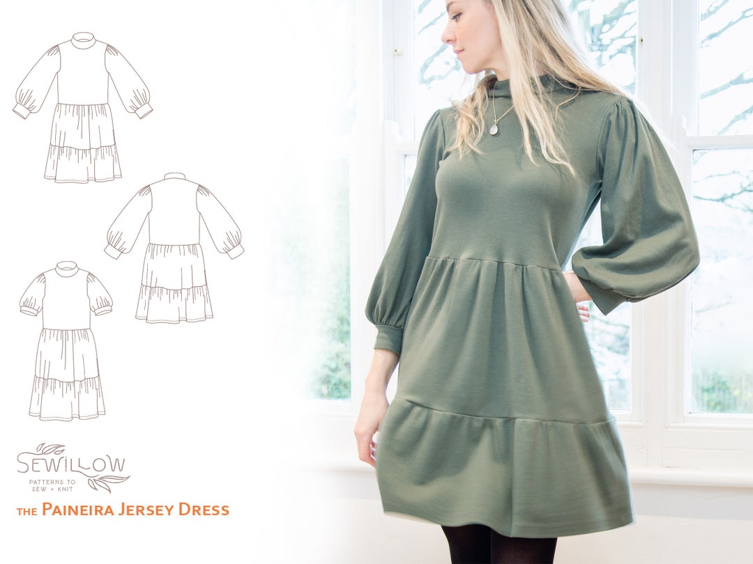 Tiered Jersey Dress Sewing Pattern, Puff Sleeve Knit Dress With Mock ...