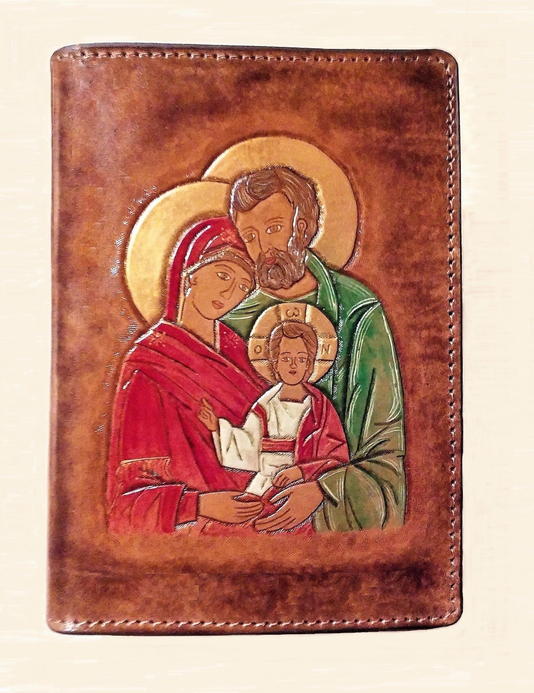 Handcrafted Leather Bible Cover – Holy Family Icon, Veg-tanned - Etsy