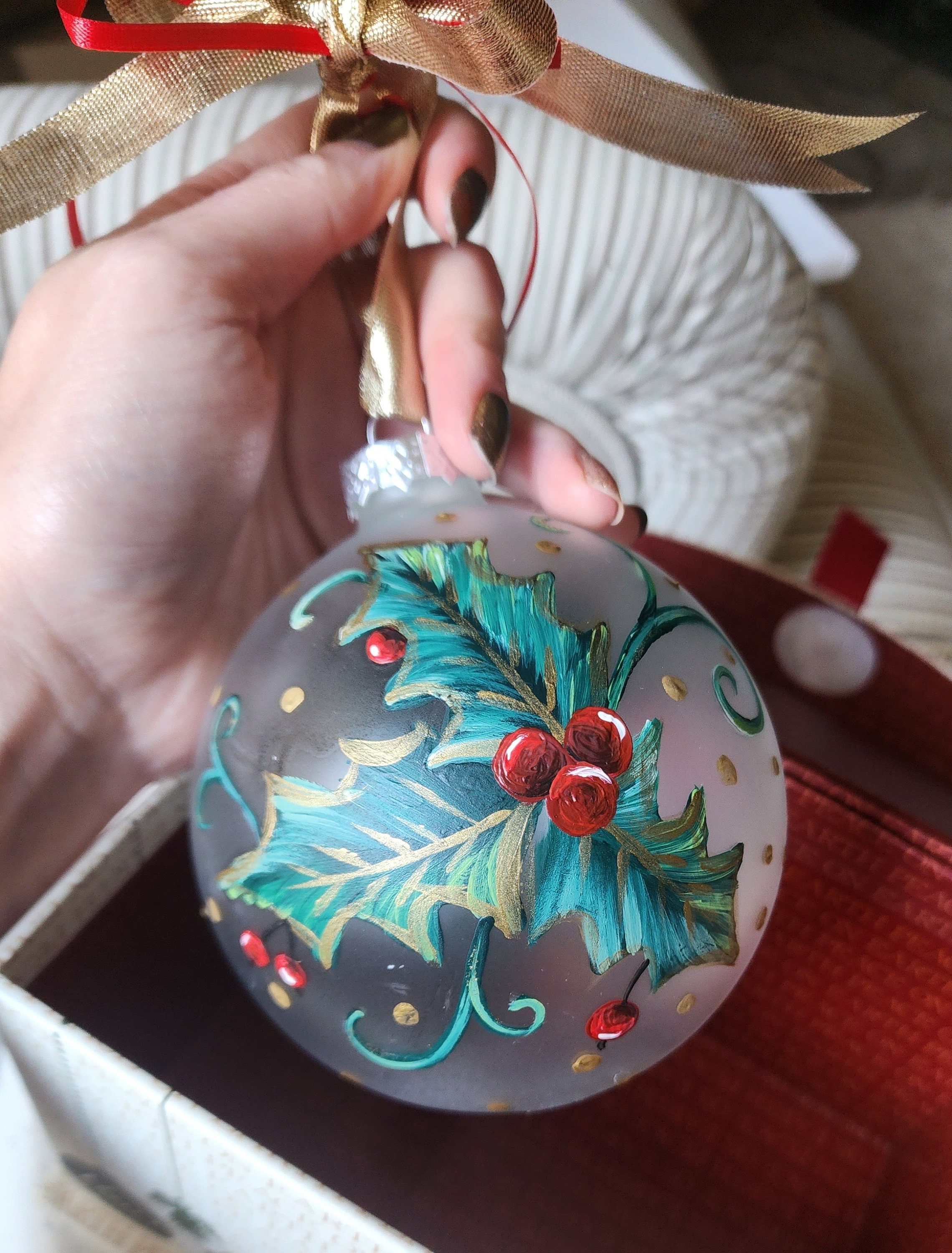 Large Hand Painted Frosted Glass Christmas Ball Ornament / Original ...