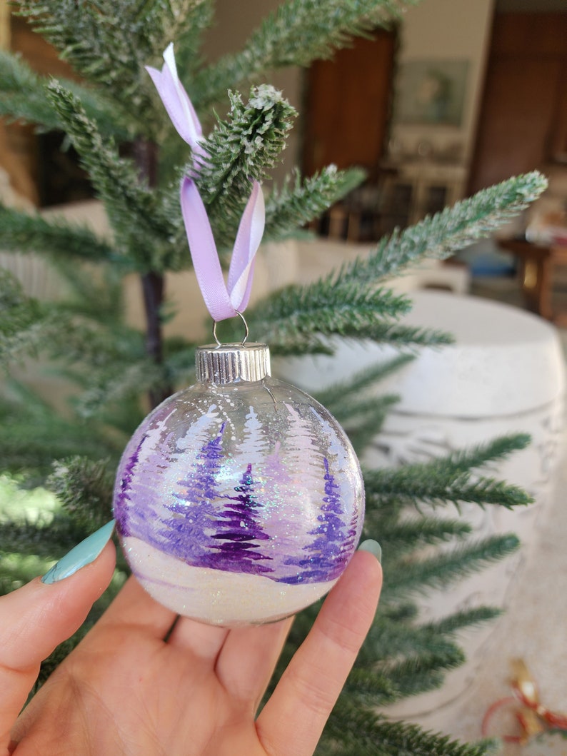 Purple Forest of Trees Handpainted Iridescent Glass Christmas Ornament ...