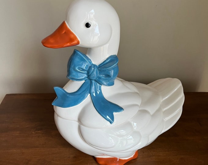 White Goose Cookie Jar With Blue Bow B and D Japan Vintage Ceramic ...