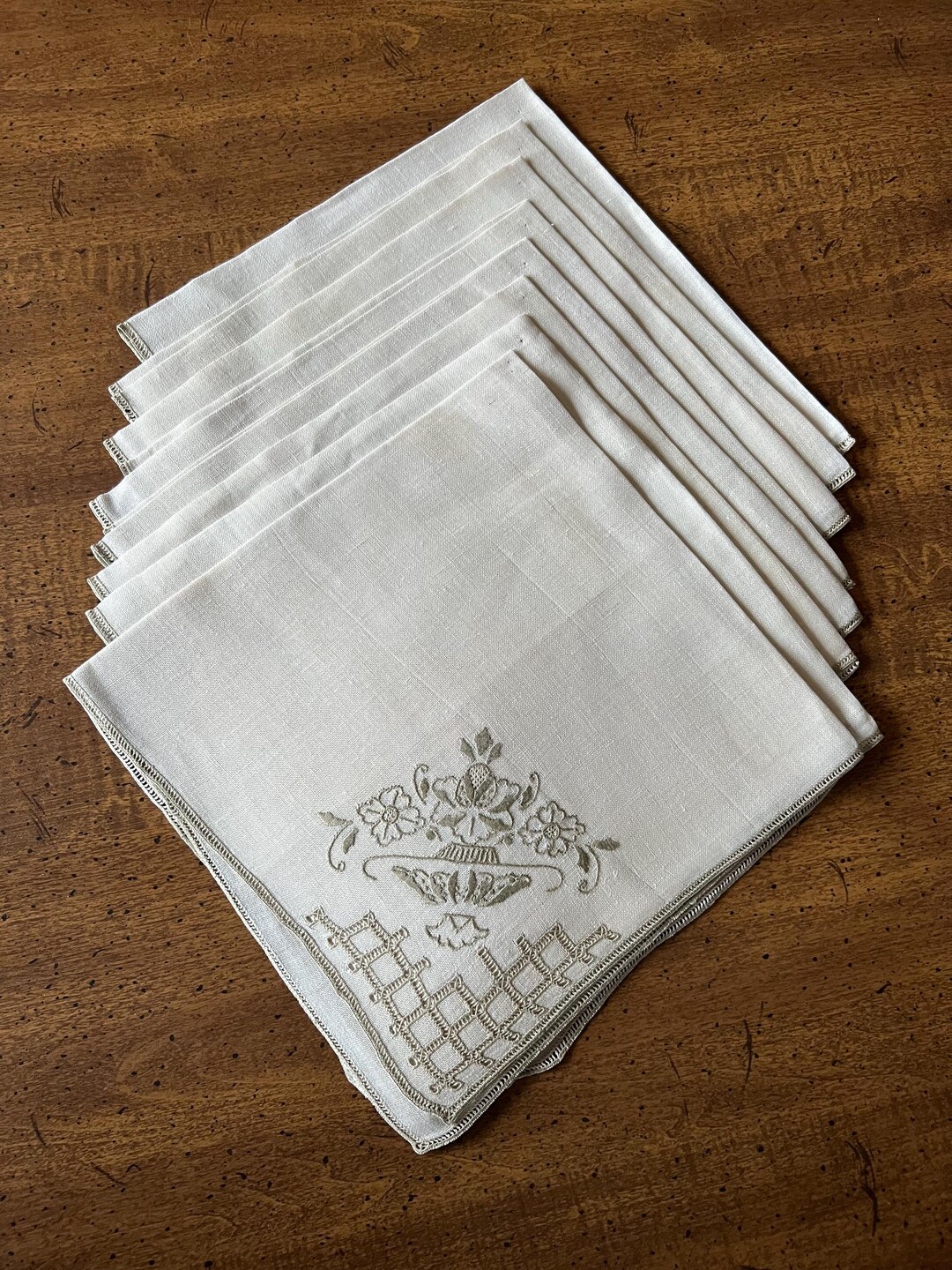 8 Linen Napkins Beige Embroidery Cutwork Fancy Dinner Napkins - Etsy