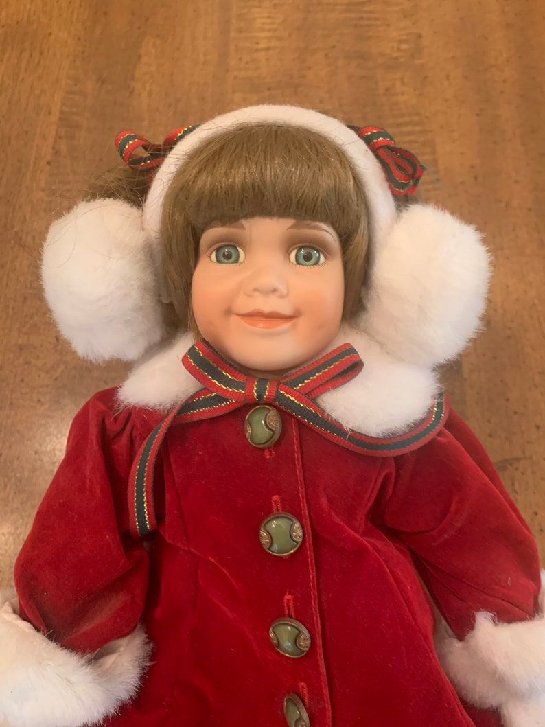 Porcelain Doll Brown Haired Blue Eyed Smiling Doll Red Coat | Etsy