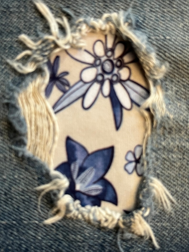 Alpine Flora Ivory/blue STRETCH Fabric Peek-a-boo Denim Patches Super ...