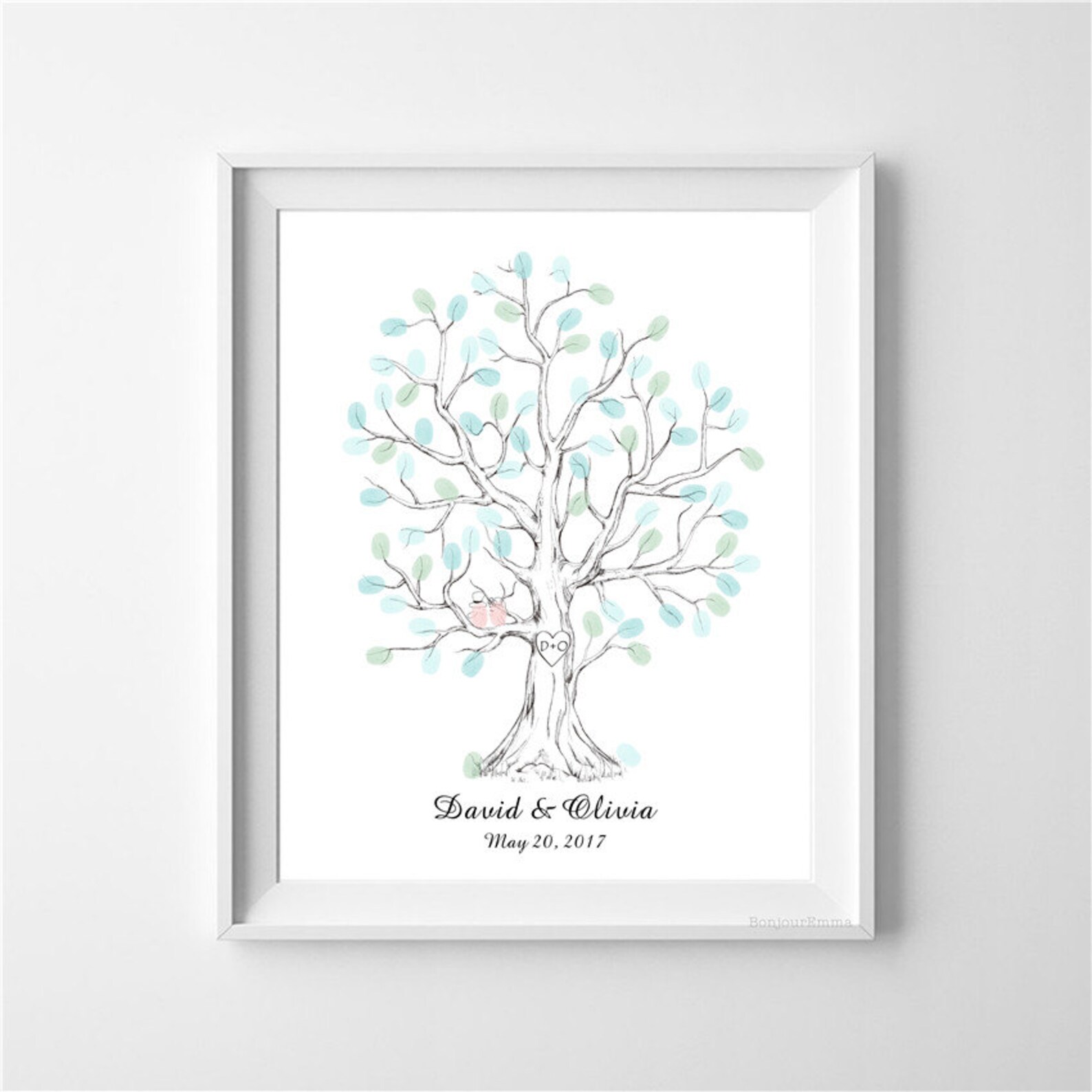 Wedding Finger Print Tree Guest Book With Love Birds, Thumb Print Tree ...
