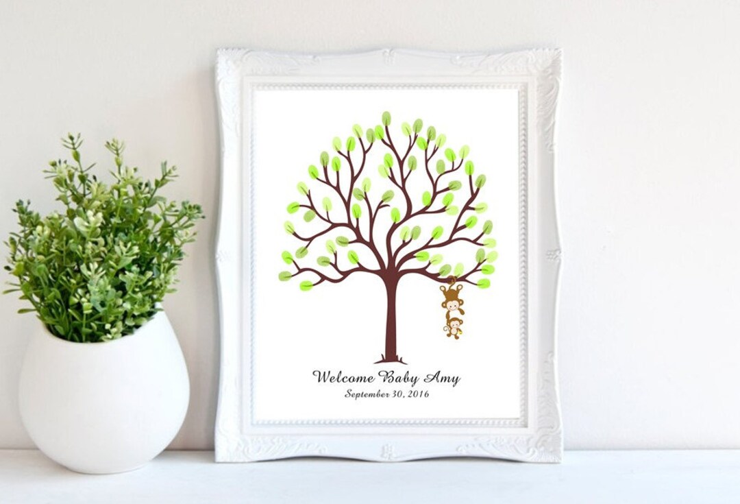 Monkey Fingerprint Tree Guestbook, Baby Shower Birthday Thumbprint ...