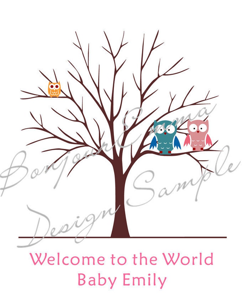 Owls Family Fingerprint Tree Guest Book for Baby Shower Birthday ...