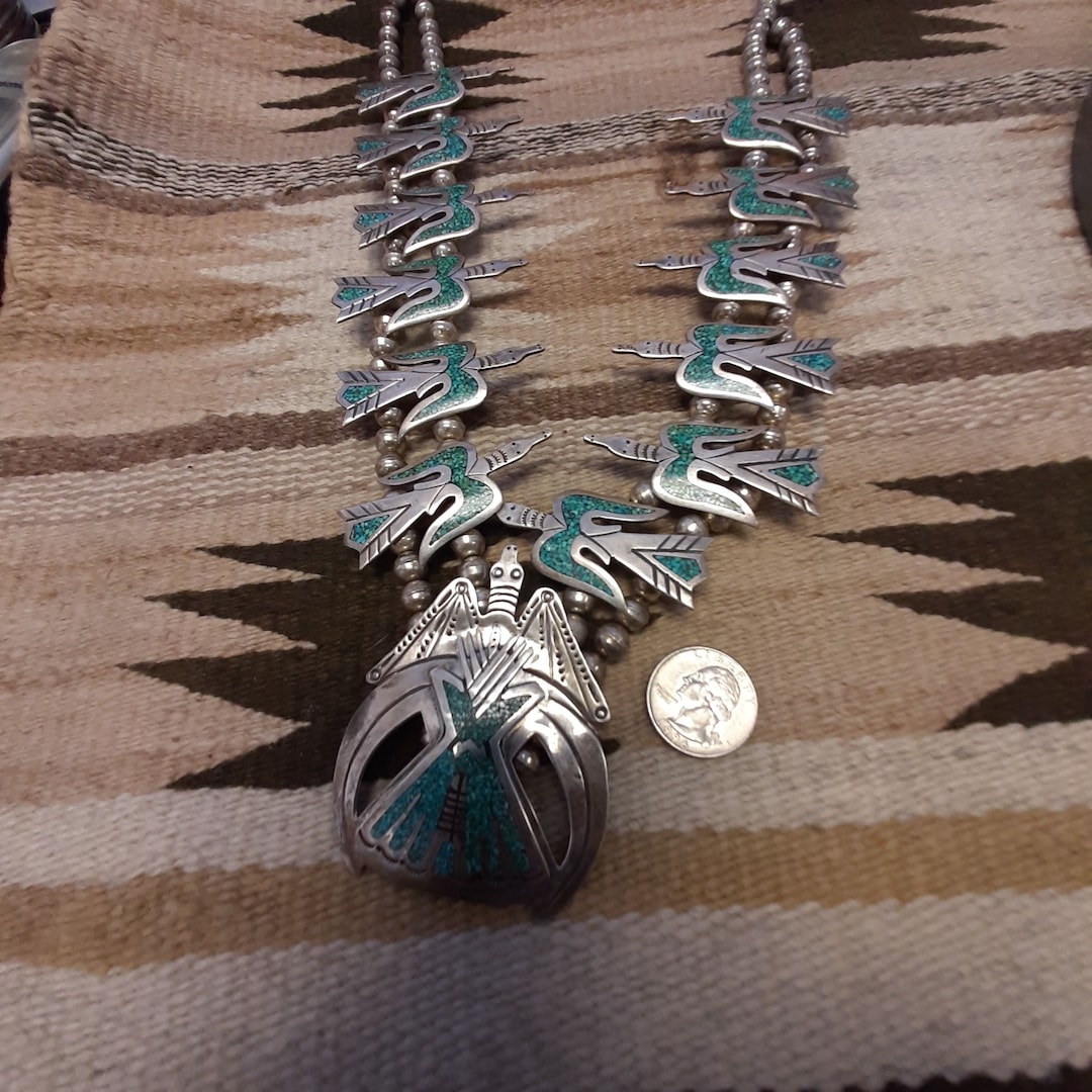 1970s 24 " Dead Pawn Vintage Sterling Silver Turquoise Chip Inlay ...