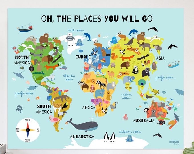 Animal Planet. World Map for Kids. Continents, Oceans, Animals, Compass ...