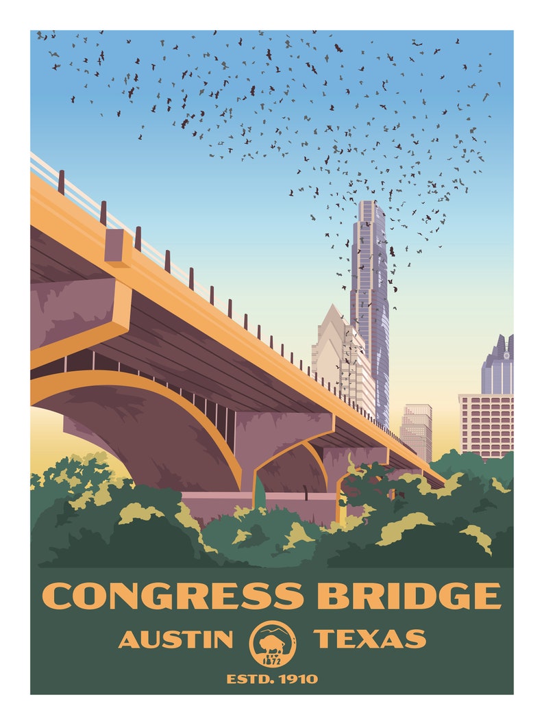 Congress Bridge Bats Poster Austin Texas - Etsy