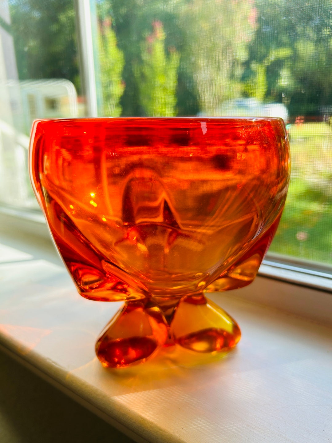 Vintage Groovy Bright Orange Viking Glass Footed Compote Dish Retro ...