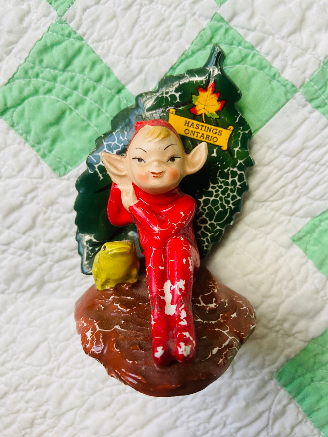 Vintage MCM Kitschy Cute Red Pixie Elf Sitting on Leaf With Frog ...